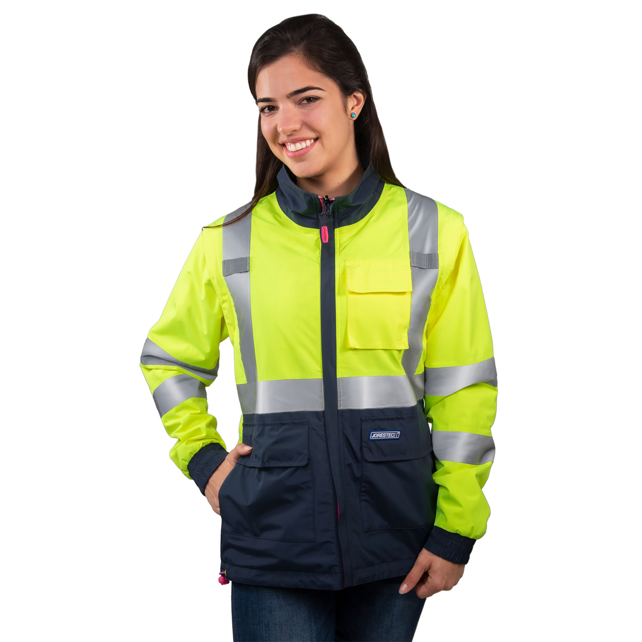 4 in 1 Hi-Vis Reversible Safety Jacket with Removable Sleeves - PinkFi